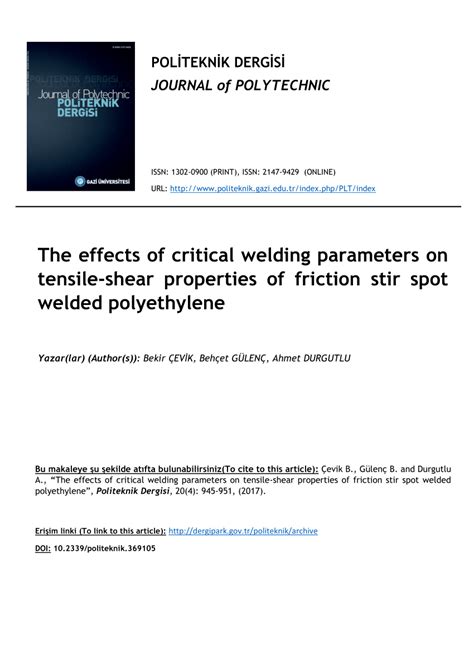 Pdf The Effects Of Critical Welding Parameters On Tensile Shear