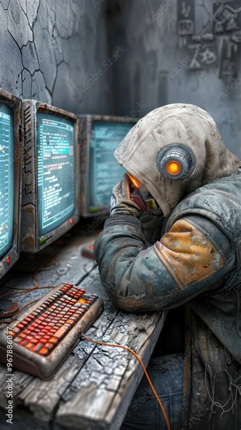 Hackers Workstation With Multiple Screens In Cyberpunk Style