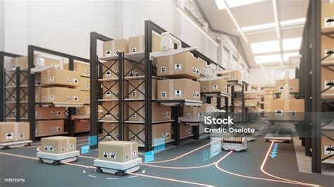 대형 창고는 로봇 팔과 배달 로봇을 사용하여 물건을 가져옵니다 제품 관리 창고 및 기술 연결 3d 렌더링에서 자동화 사용 로봇에 대한 스톡 사진 및 기타 이미지 Istock