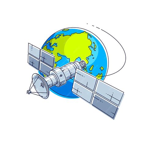 통신 위성 비행 궤도 우주 비행 태양 전지 패널 및 위성 안테나 플레이트가 있는 우주선 우주 정거장 얇은 라인 3d 벡터 일러스트 레이 션 프리미엄 벡터