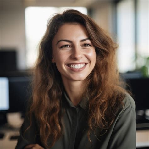 Premium Ai Image Business Casual Woman Smiling In An Office