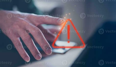 Internet Network Security Concept Man Working On Computer With Triangle Warning Sign Developer