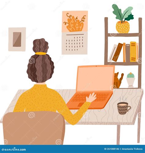 Girl Works Before Computer Typing On Keyboard Looking On The Screen Back View Stock Vector