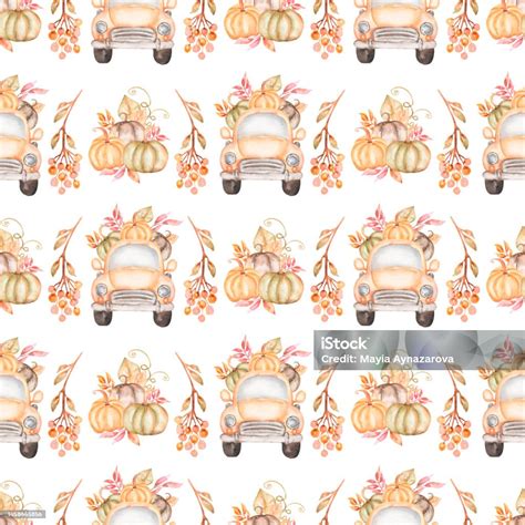 가을 호박 트럭 원활한 패턴 수채화 추수 감사절 종이 레트로 교통 자동차 인쇄 빈티지 가을 디자인 꽃 반복 패턴 가을에 대한 스톡 벡터 아트 및 기타 이미지 Istock