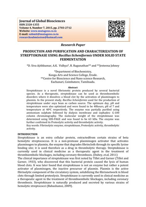 Pdf Production And Purification And Characterization Of Streptokinase Using Bacillus