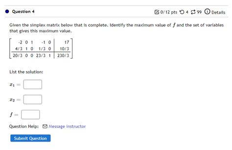 solved question 4 b0 12 pts 499 details given the simplex