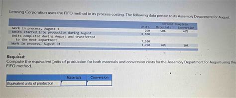 solved lenning corporation uses the fifo method in its process costing