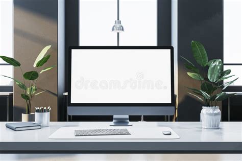 Modern Office Desk With A Computer Screen Mockup Keyboard Mouse And Plants In A Clean