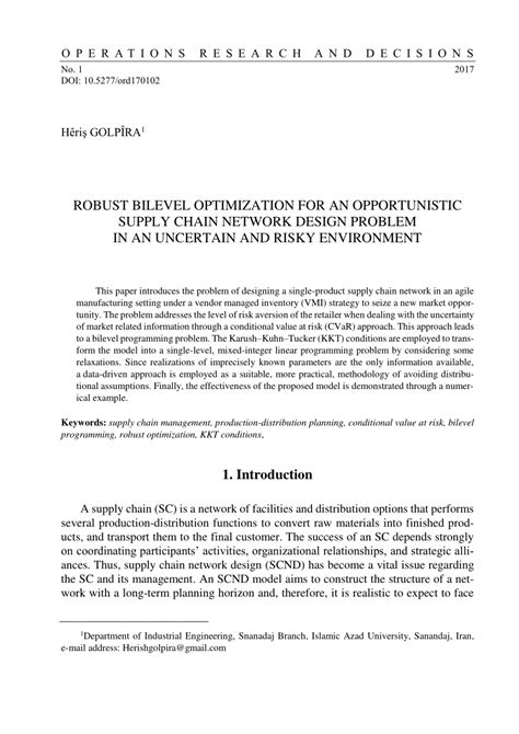 Pdf Robust Bilevel Optimization For An Opportunistic Supply Chain Network Design Problem In An