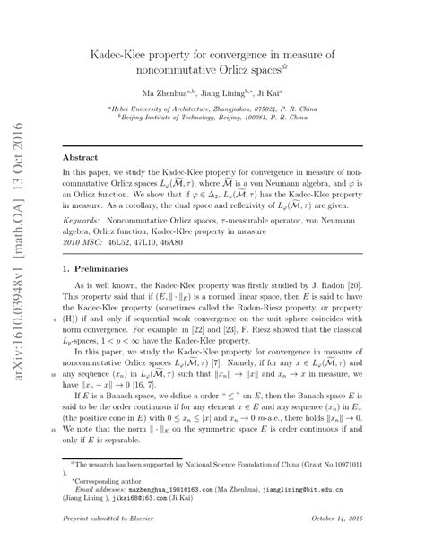 Pdf Kadec Klee Property For Convergence In Measure Of Noncommutative Orlicz Spaces