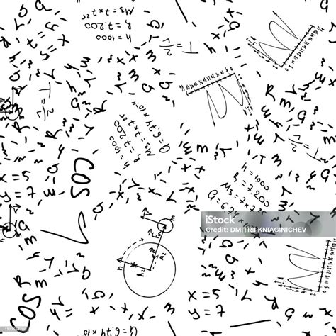 플랫 흑백 벡터 원활한 수학적 모티프 패턴 대수 표정과 기호가 있는 귀여운 낙서 벡터 일러스트레이션 디자인 요소 흰색 배경에 과학 지식 0명에 대한 스톡 벡터 아트 및 기타