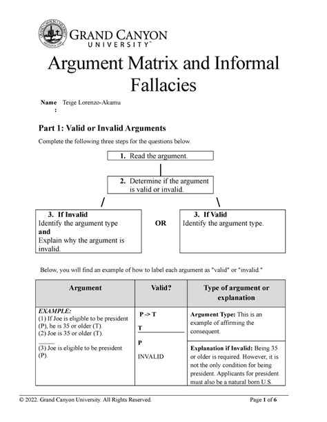 Argument Matrix Informal Fallacies Spring TLA Argument Matrix And Informal Fallacies Name