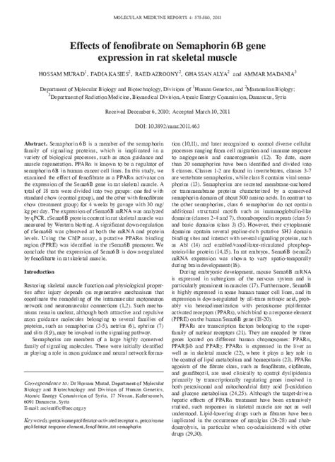 Pdf Effects Of Fenofibrate On Semaphorin 6b Gene Expression In Rat