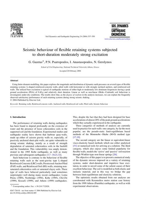 Pdf Seismic Behaviour Of ﬂexible Retaining Systems Subjected Ssi Civil Ntua Gr Downloads