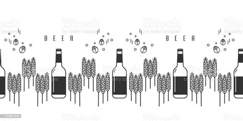 맥주 병 홉과 밀 양조 재료와 맥주 공예 양조장 술집 바 레스토랑에 대 한 그림 흰색 바탕에 수평 완벽 한 패턴입니다 현대적인