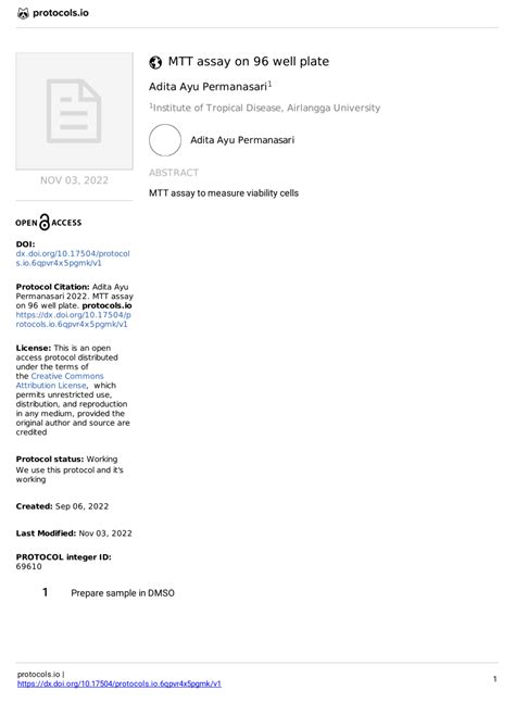 Pdf Mtt Assay On 96 Well Plate V1