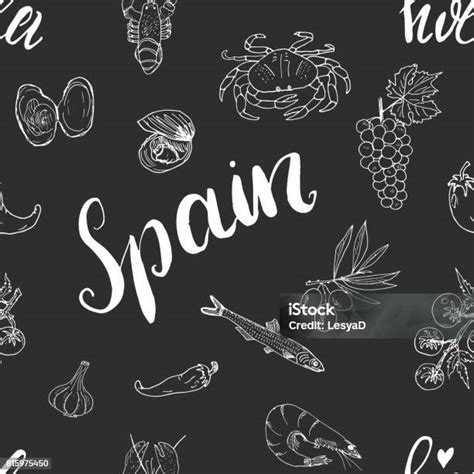 스페인 원활한 패턴 낙서 요소 손으로 그린된 스케치 스페인 요리 새우 올리브 포도 플래그 및 글자 벡터 일러스트 레이 션 배경입니다 스페인 음식에 대한 스톡 벡터 아트 및