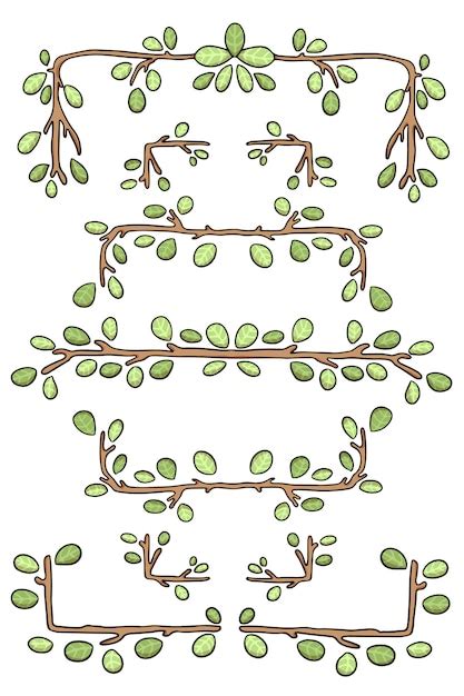 자연 나뭇잎 프레임 테두리 설정 귀여운 만화 일러스트 레이션 프리미엄 벡터