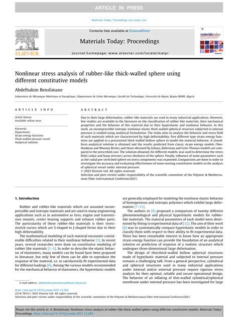 Pdf Nonlinear Stress Analysis Of Rubber Like Thick Walled Sphere Using Different Constitutive