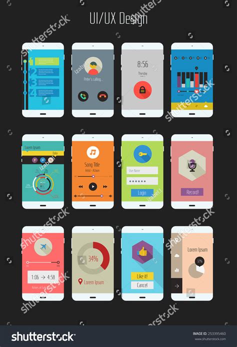 Flat Design UIUX Mobile Application Templates Stock Vector Royalty