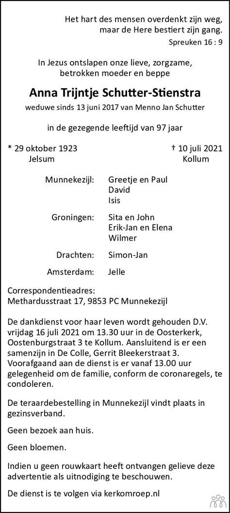 Anna Trijntje Schutter Stienstra 10 07 2021 Overlijdensbericht En