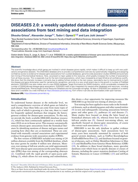 Pdf Diseases 2 0 A Weekly Updated Database Of Disease Gene Associations From Text Mining And