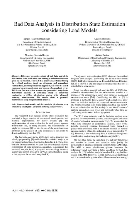 Pdf Bad Data Analysis In Distribution State Estimation Considering Load Models