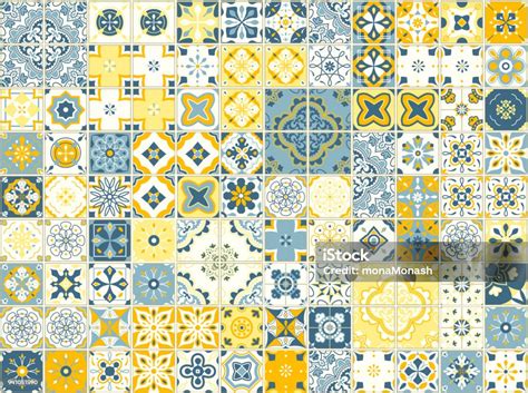 포르투갈 타일 패턴 원활한입니다 흰색 배경에 Azulejo의 벡터 그림입니다 지중해 스타일입니다 파란색과 노란색 디자인 0명에