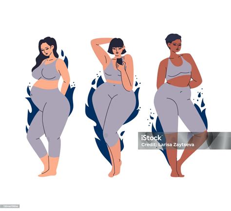다양한 외모의 여성 다른 피부 색 회색 꽉 끼는 트랙수트를 입은 다문화 여성 캐릭터 흰색에 고립 된 푸른 불꽃의 배경에 과체중 여성의 세트 여자에 대한 스톡 벡터 아트 및