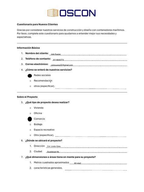Cuestionario Para Nuevos Clientes Oscon Pdf