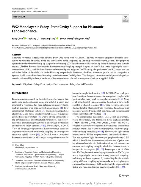 Ws2 Monolayer In Fabryperot Cavity Support For Plasmonic Fano Resonance