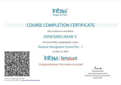 Completed Database Management Course From Infosys Dineshkumar V