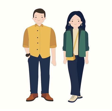 캐주얼 옷을 입은 귀여운 검은 머리 남자와 여자 프리미엄 벡터