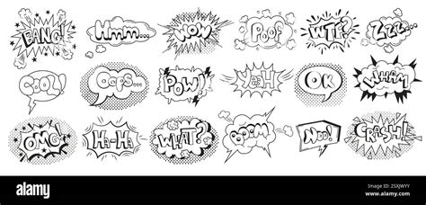 Black and white comic style speech bubbles featuring various sound effects and expressions ...