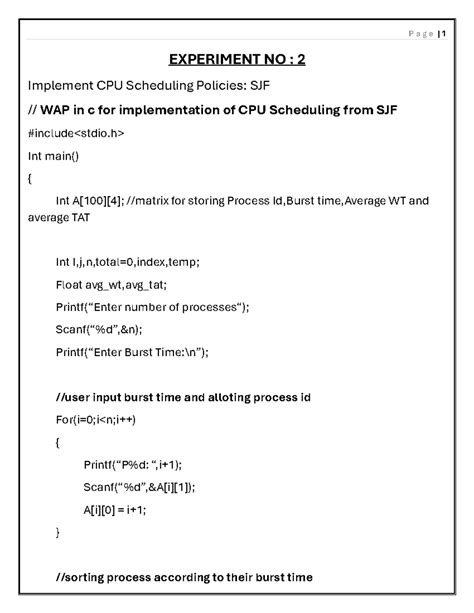 Experiment Operating System EXPERIMENT NO Implement CPU Scheduling Policies SJF