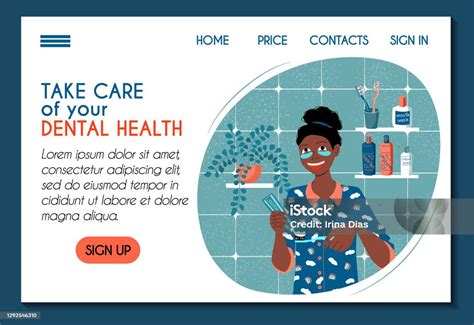 치과 진료소를 위한 웹 사이트 템플릿입니다 치아 건강 구강 위생 젊은 어두운 피부 의 여자는 허브 페이스트로 그녀의 이빨을 닦습니다 착지 페이지 Ui Ux 디자인에 대 한