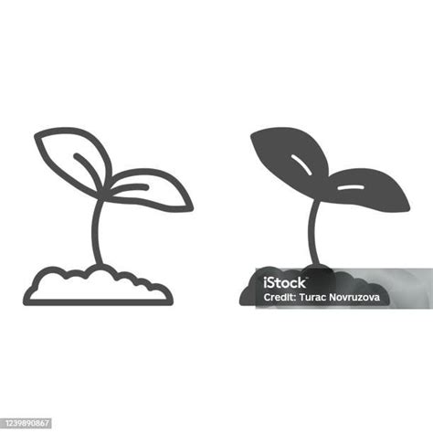 지상 선과 단단한 아이콘 생태 개념 흰색 배경에 토양 기호에 씨앗의 발아 모바일 및 웹에 대한 개요 스타일의 모종 성장