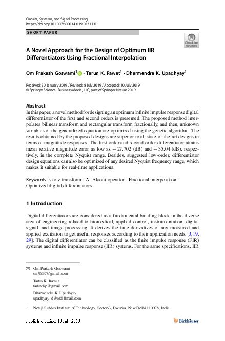 Pdf A Novel Approach For The Design Of Optimum Iir Differentiators