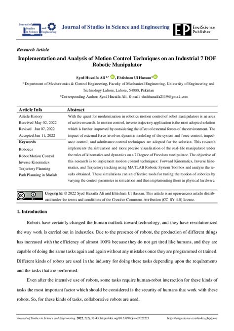 Pdf Motion Control Techniques For A 7 Dof Robotic Manipulator
