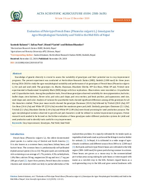 Pdf Evaluation Of Pole Type French Bean Phaseolus Vulgaris L Genotypes For Agro