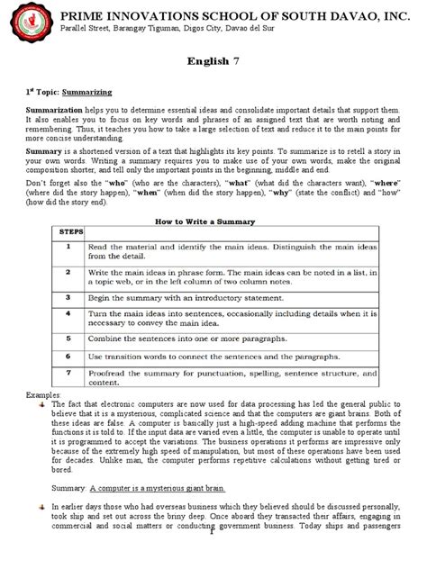 Summarizing Grade 7 Pdf