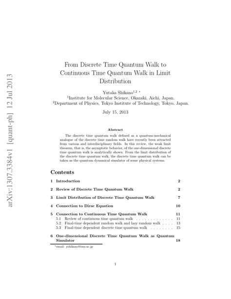 Pdf From Discrete Time Quantum Walk To Continuous Time Quantum Walk In Limit Distribution