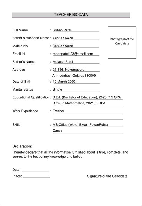 Private School Teacher Biodata Formats In Word And Pdf Free Download Private School Teacher