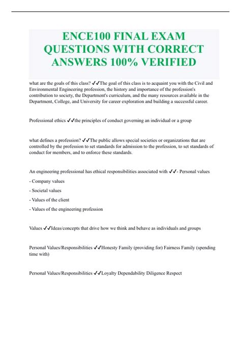ENCE100 FINAL EXAM QUESTIONS WITH CORRECT ANSWERS 100 VERIFIED What Are The Goa ENCE Stuvia US
