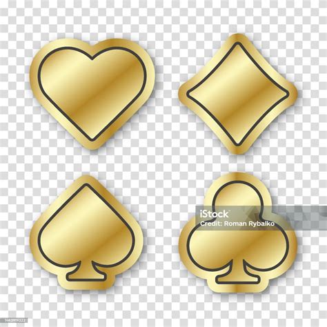 세트 컬렉션 황금 도박 기호 포커와 카지노를 위한 카드 슈트와 칩 놀이의 상징 하트 클럽 다이아몬드 스페이드가 투명한 배경에 있습니다 4가지 개체에 대한 스톡 벡터 아트 및