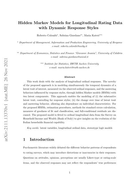 Pdf Hidden Markov Models For Longitudinal Rating Data With Dynamic