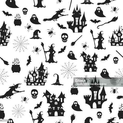 마녀 유령 유령 의 Haouses 유령 박쥐와 거미와 할로윈 패턴 10 월 파티 아이 배경입니다 0명에 대한 스톡 벡터 아트 및 기타 이미지 Istock