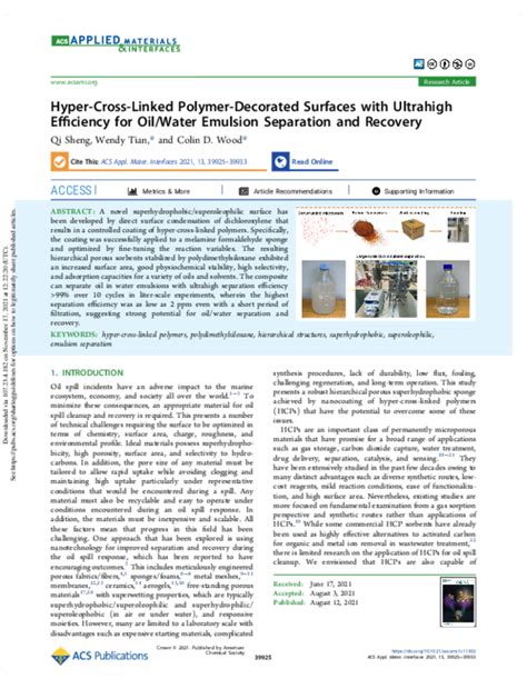 Pdf Hyper Cross Linked Polymer Decorated Surfaces With Ultrahigh Efficiency For Oilwater
