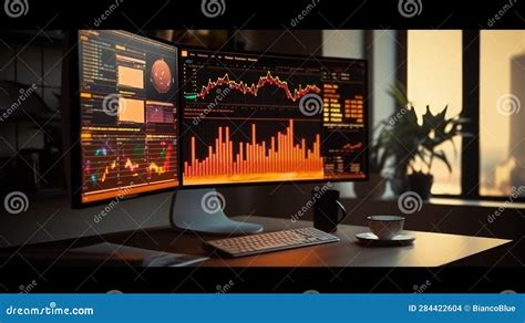 The Side View of a Multi Computer Screen Displaying Multiple Financial ...