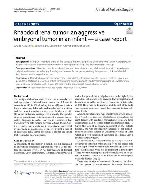 Pdf Rhabdoid Renal Tumor An Aggressive Embryonal Tumor In An Infant — A Case Report